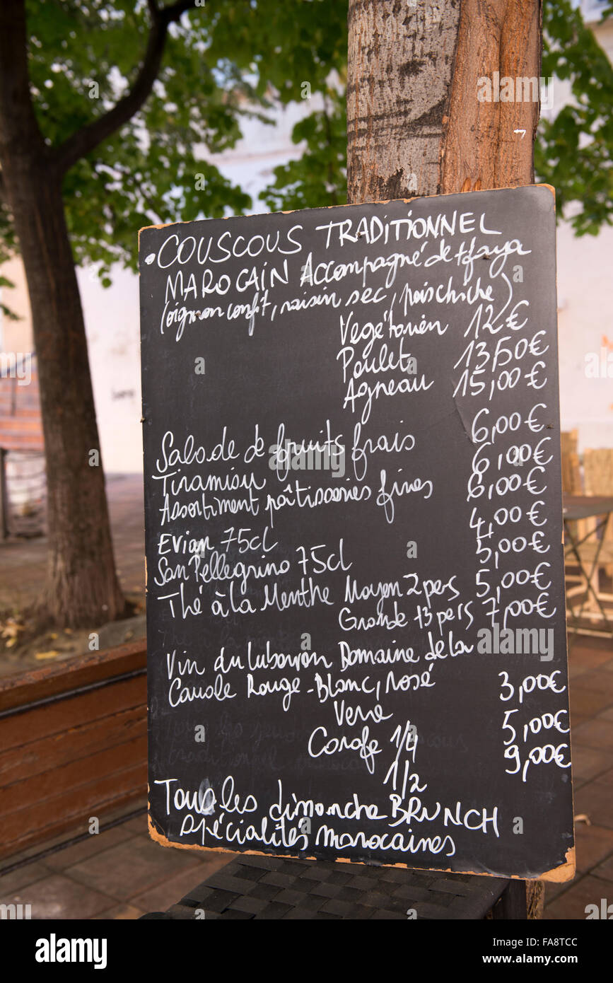 Menu written in French language at Place Lorette, a Moroccan restaurant ...