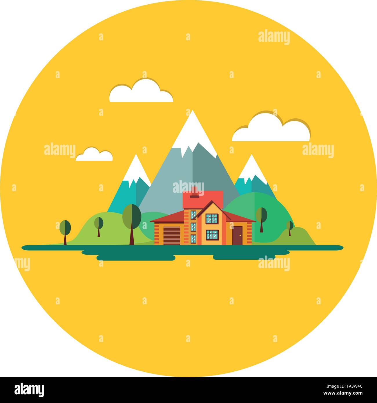 Color vector flat icon set and illustrations urban village landscapes ...
