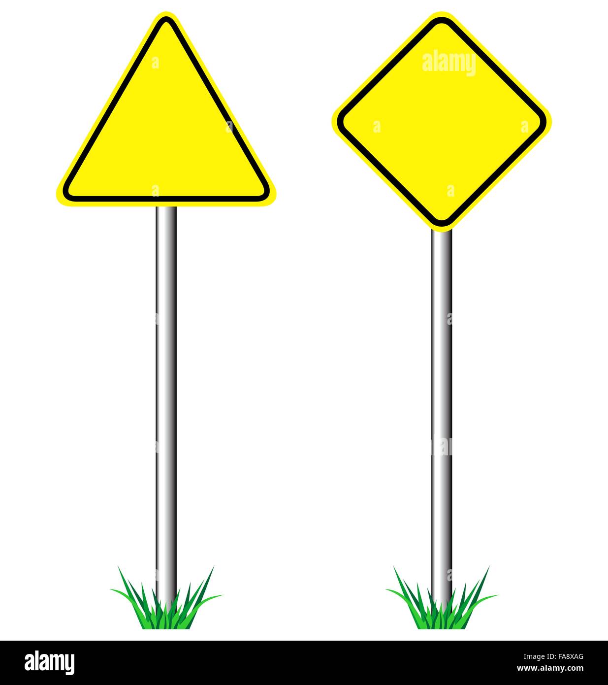 Yellow warning information road signs with grass isolated on whi Stock ...