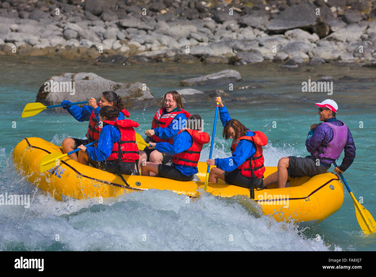 River rafting on Athabasca River in Jasper National Park, Canada Stock ...