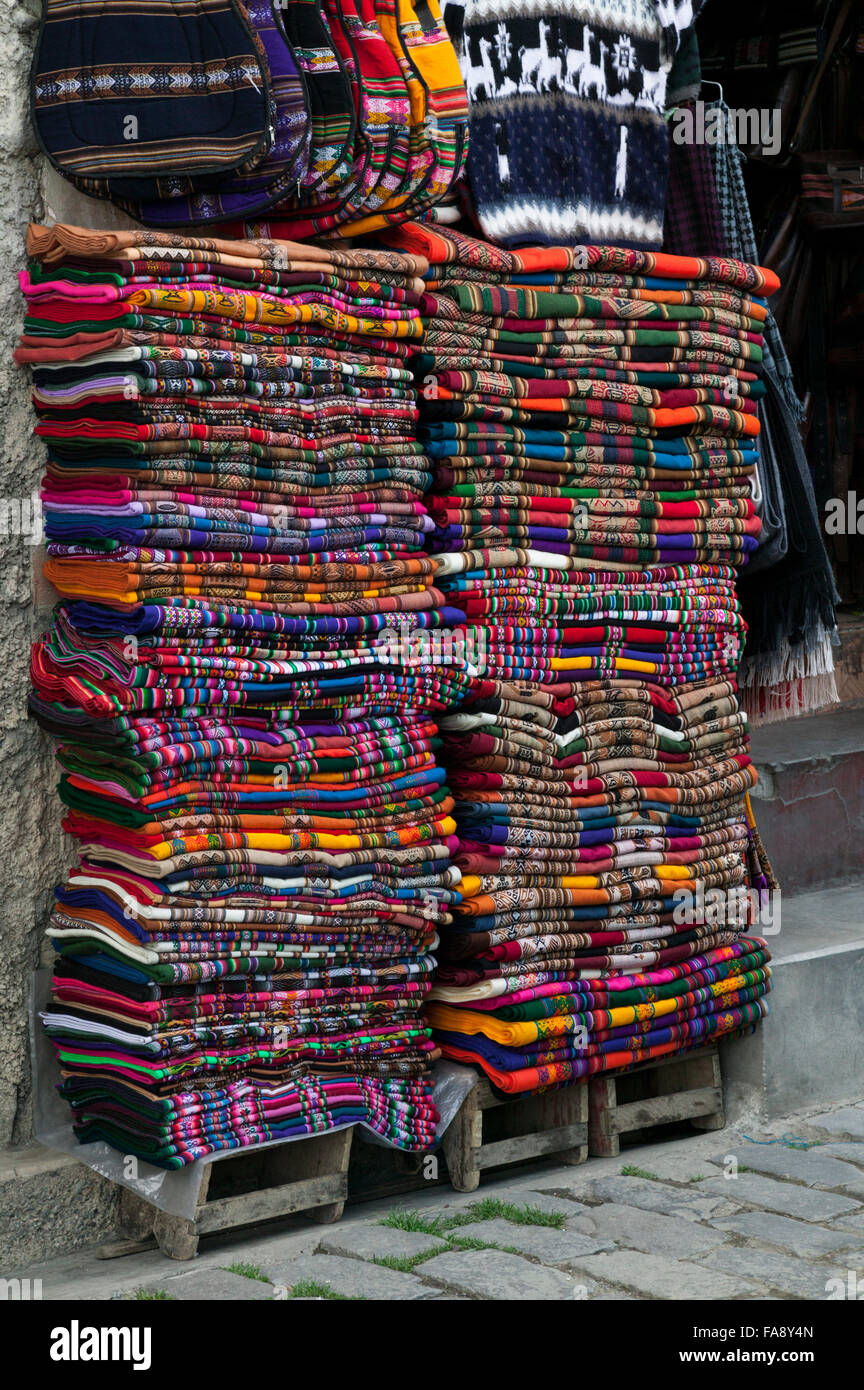 Typical traditional colourful blankets on sale in the markets of La Paz ...