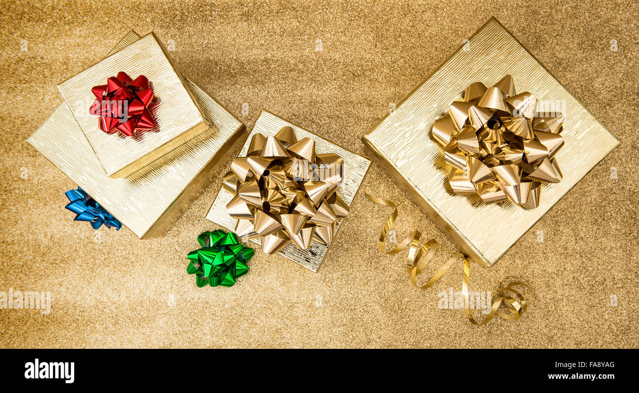 Top view of gift boxes with decoration. Festive background. Holidays ...