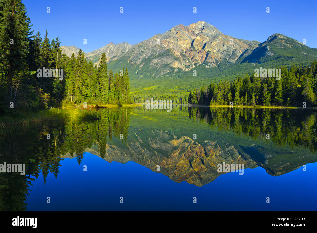 Pyramid Mountain reflected in Pyramid Lake, Jasper National Park Stock ...