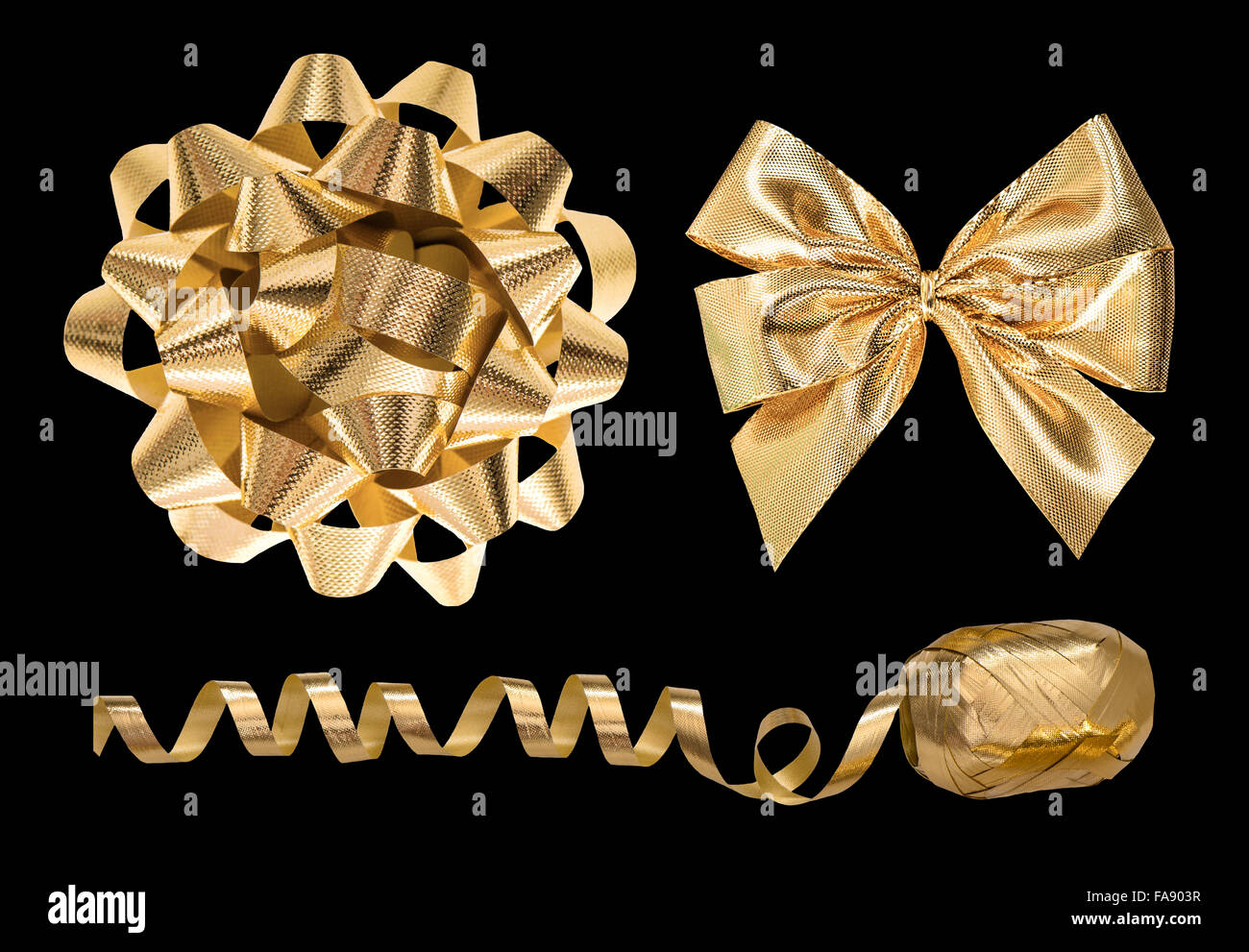 Golden gift decoration objects. Ribbon bow and streamer isolated on ...