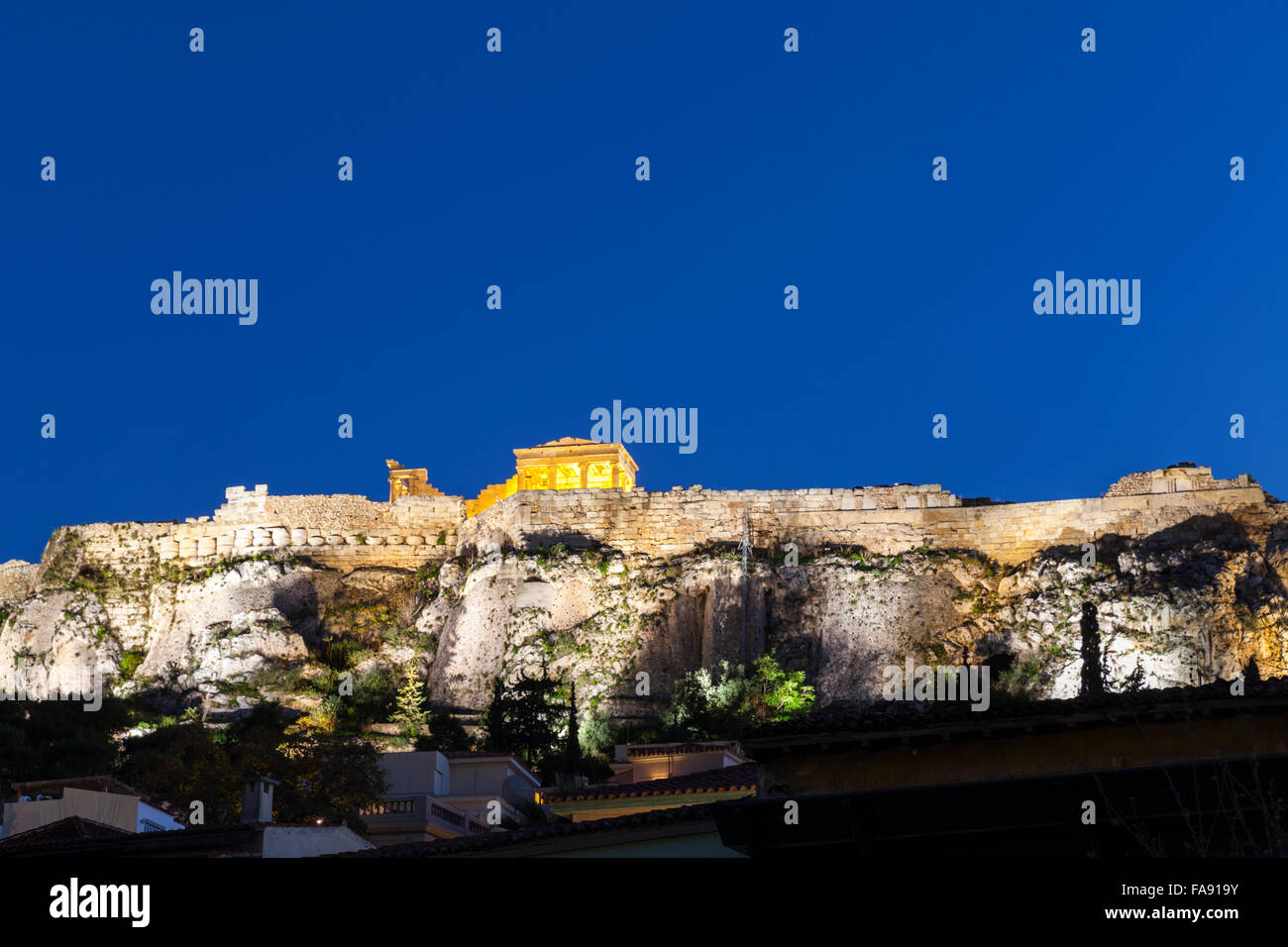 Night panorama of the Acropolis of Athens on the hilltop, seen from the ...