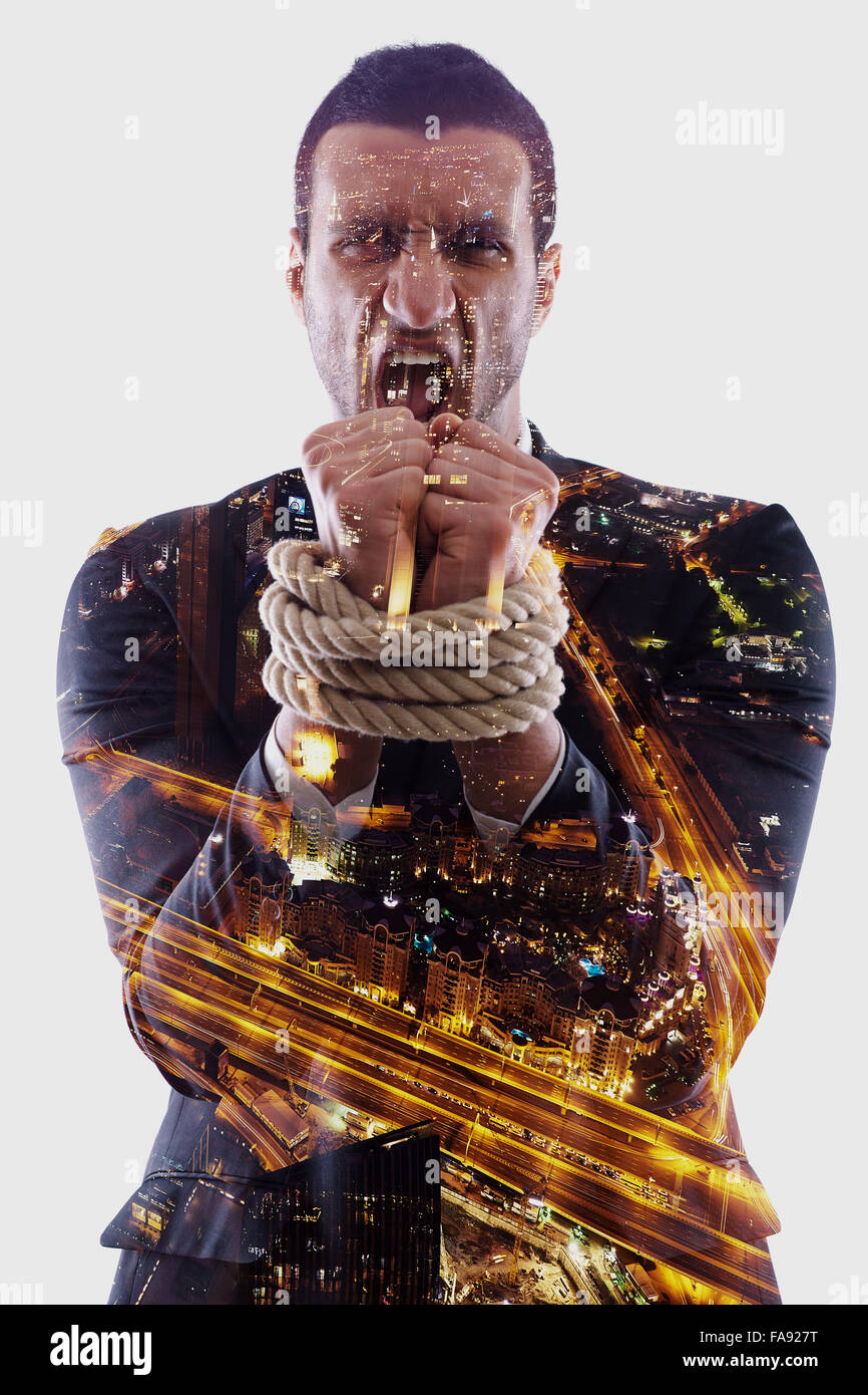 double exposure of Business man pulling and bond tied with rope concept ...