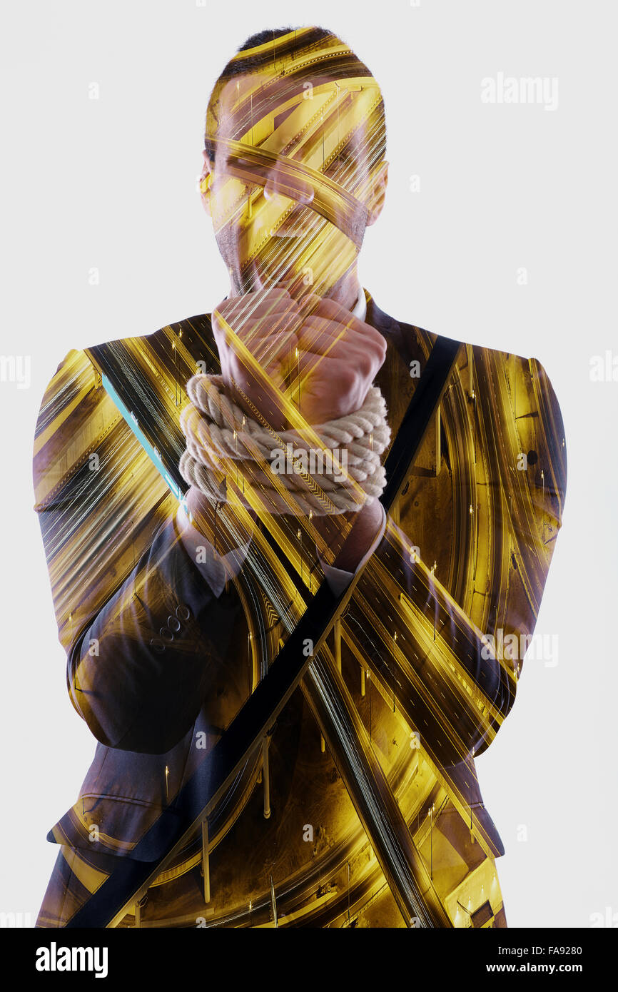 double exposure of Business man pulling and bond tied with rope concept ...