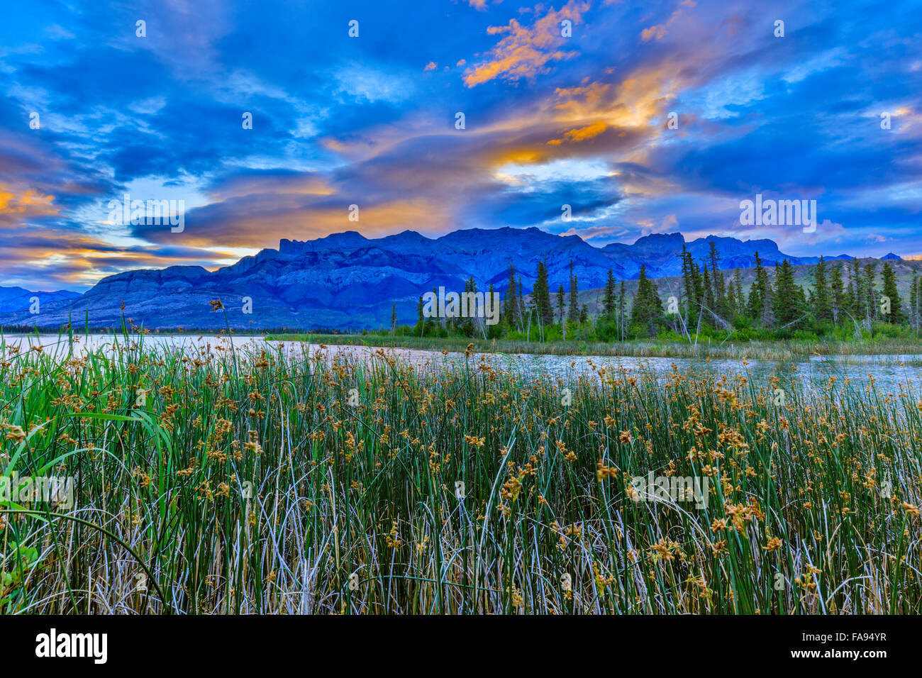 Sunrise over Miette Range and Talbot Lake in Jasper National Park Stock ...