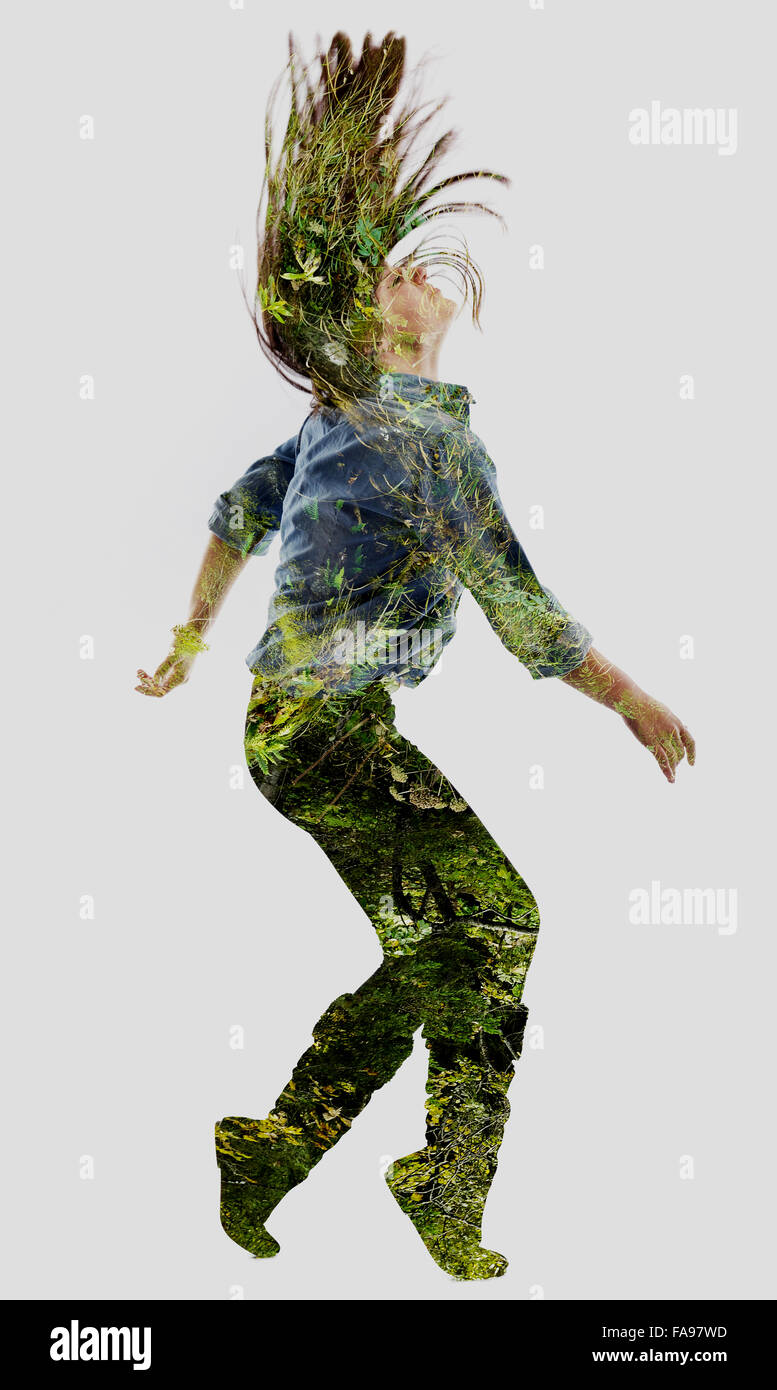 double exposure of nature and young woman dancing isolated on white ...
