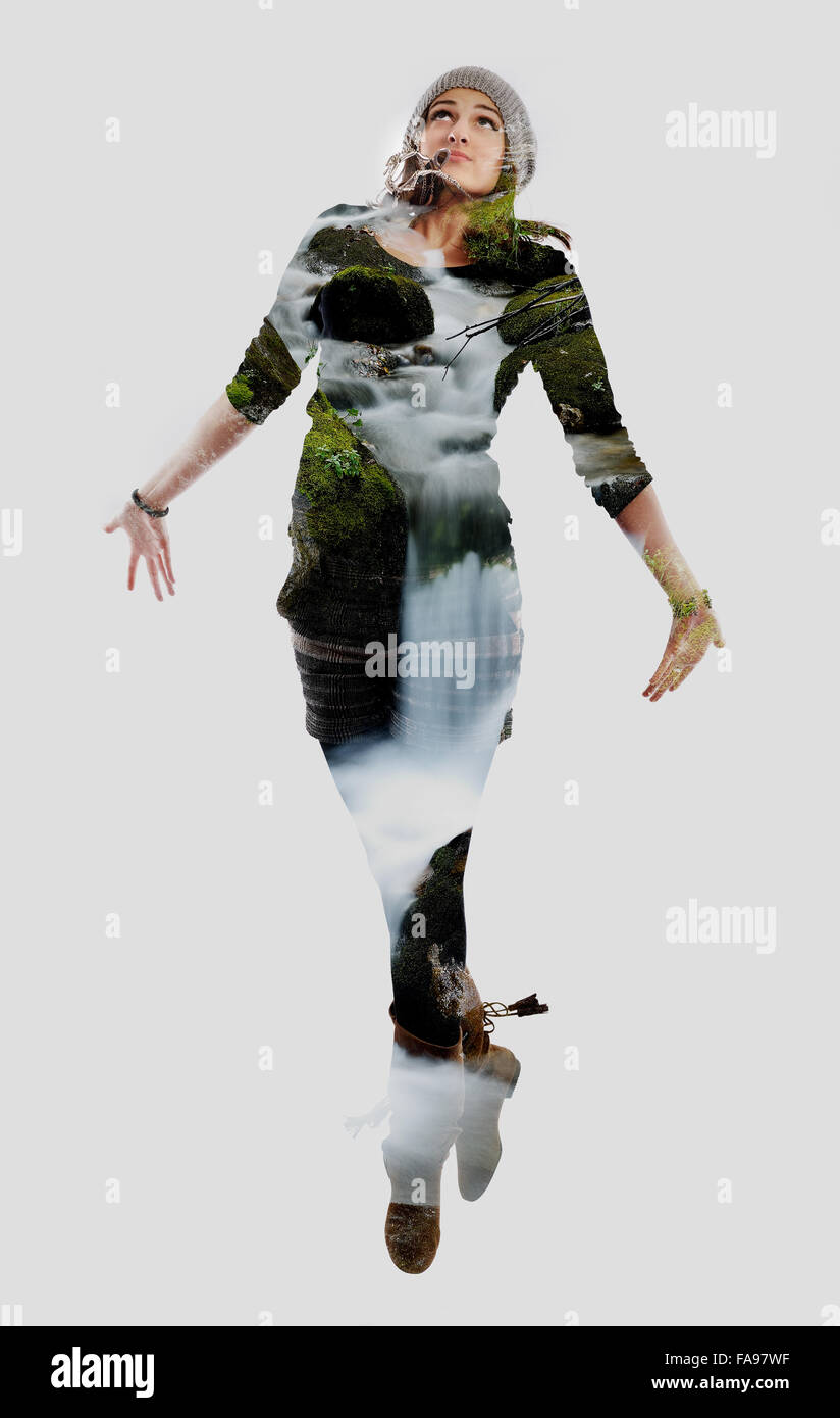 double exposure of nature and young woman dancing isolated on white ...