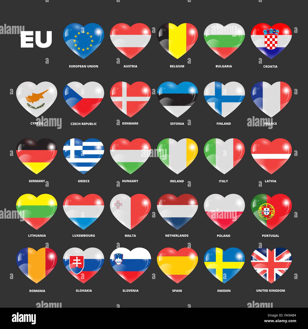 European Union flags in hearts set for using with dark backgrounds ...