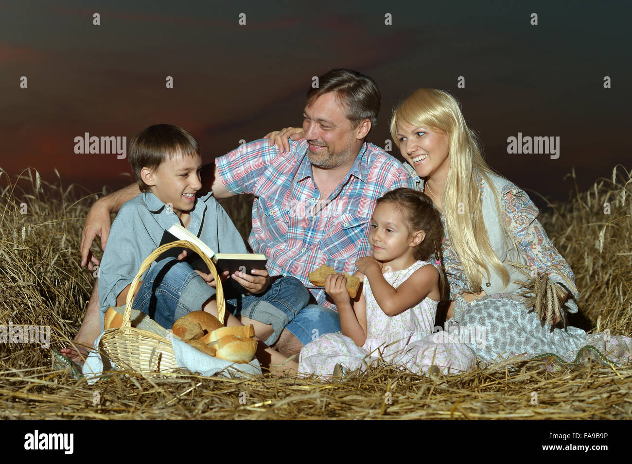 Family reading book in field Stock Photo - Alamy