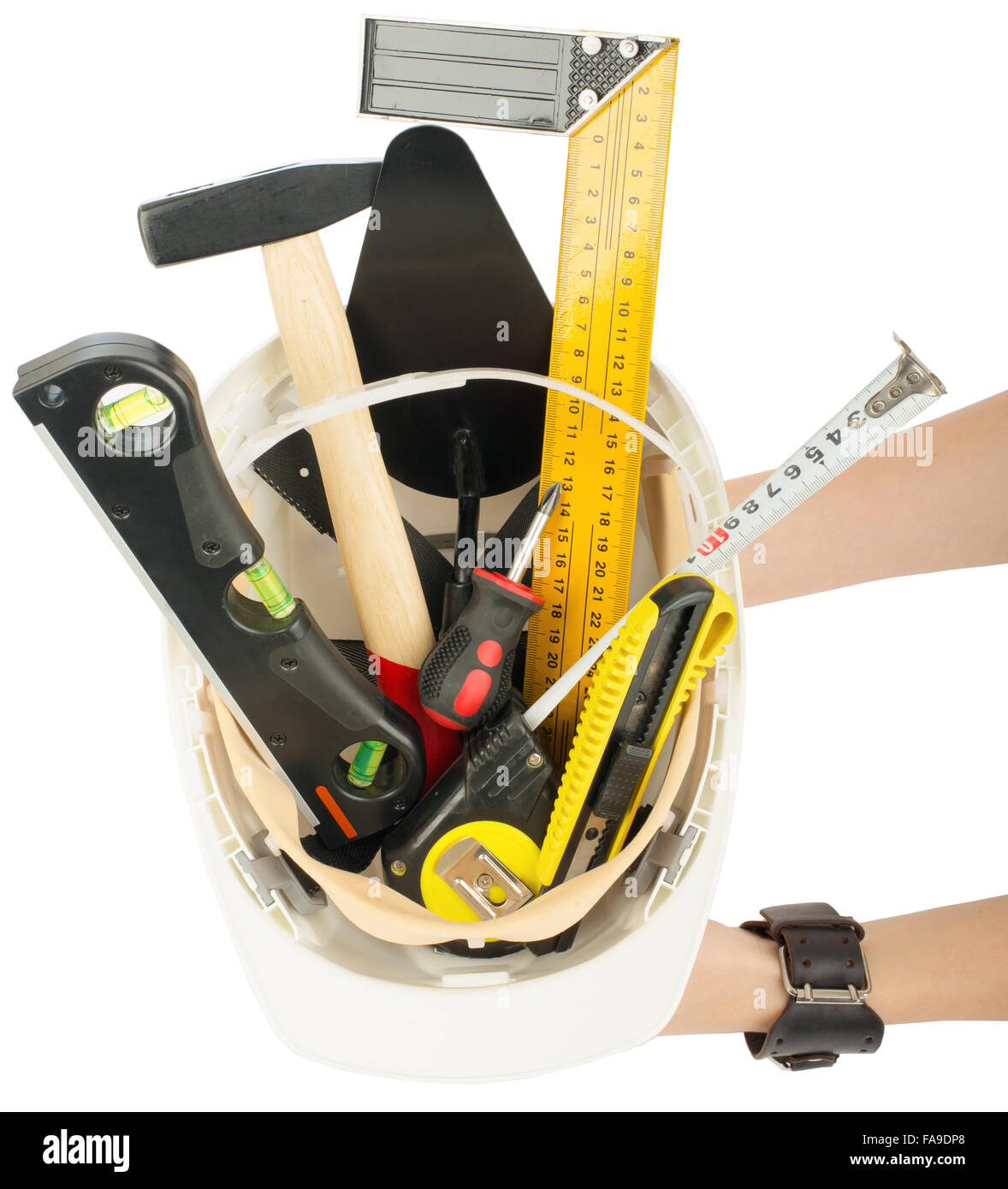 Construction worker supplies including hard hat Stock Photo - Alamy