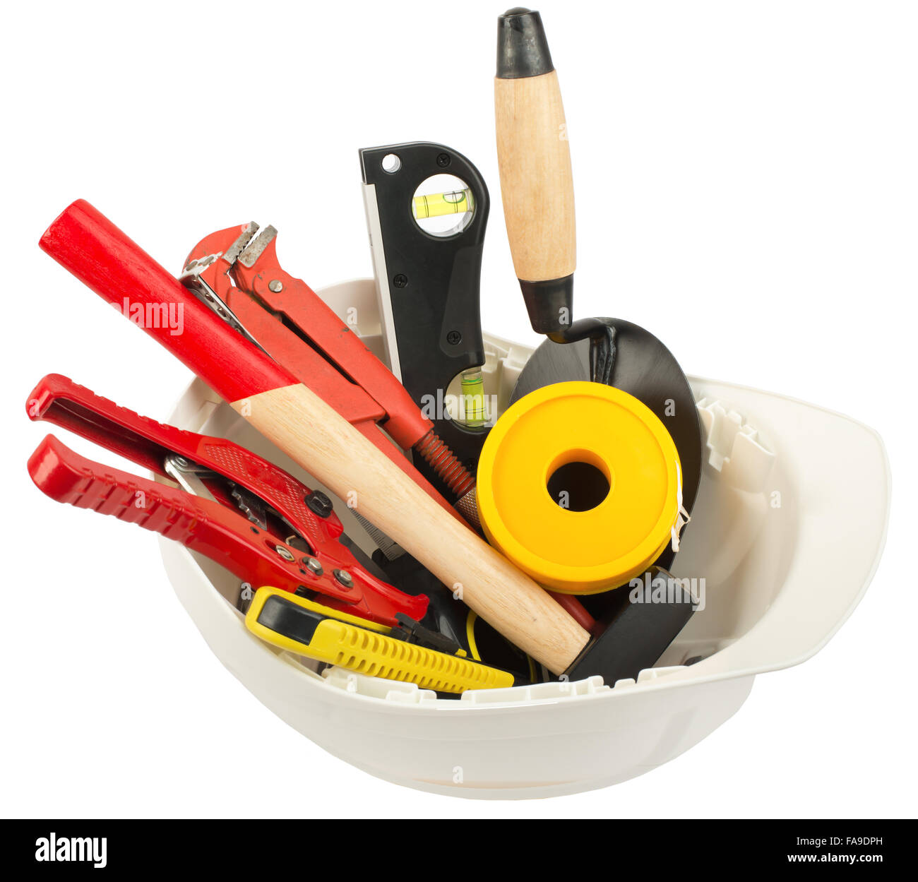 Construction worker supplies including hard hat Stock Photo - Alamy