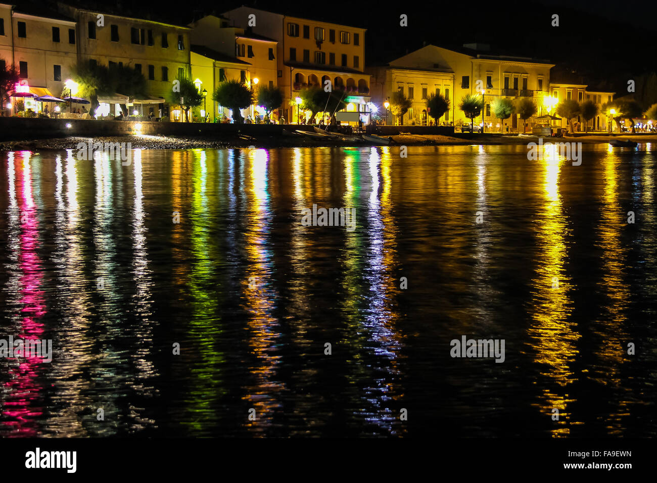 Coast of the Tyrrhenian Sea at night. Marciana Marina, Elba Island ...