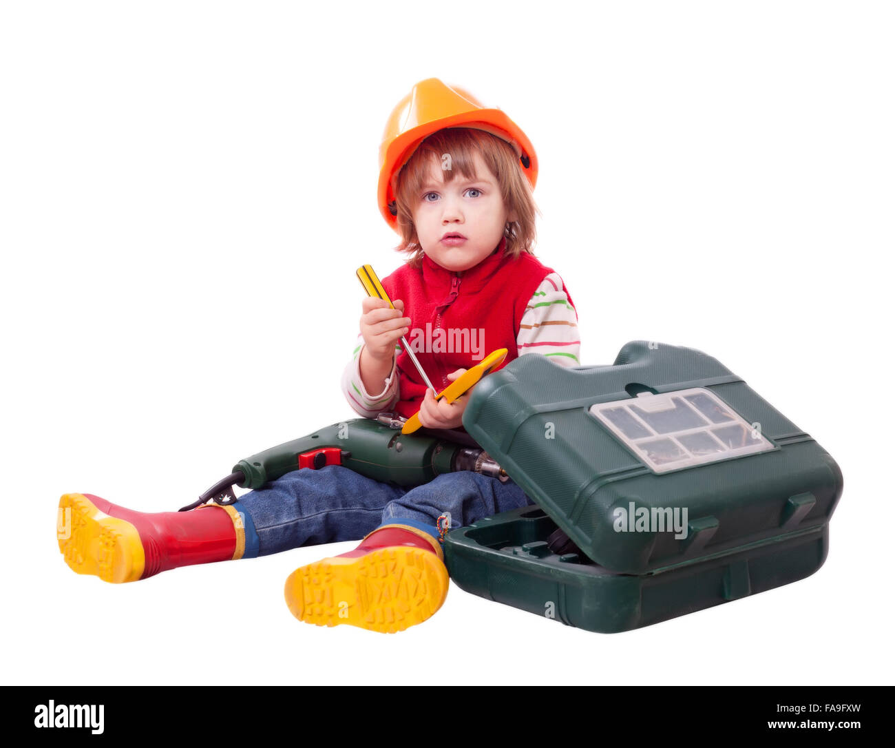 serious baby in hardhat with tools. Isolated over white background ...