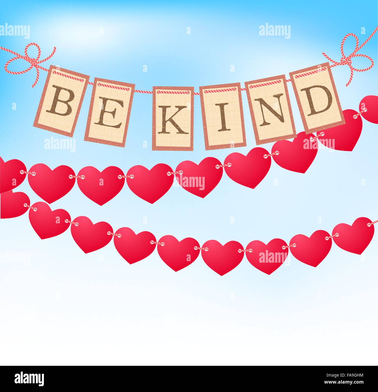 be kind message on cards and love hearts bunting on blue sky. vector ...