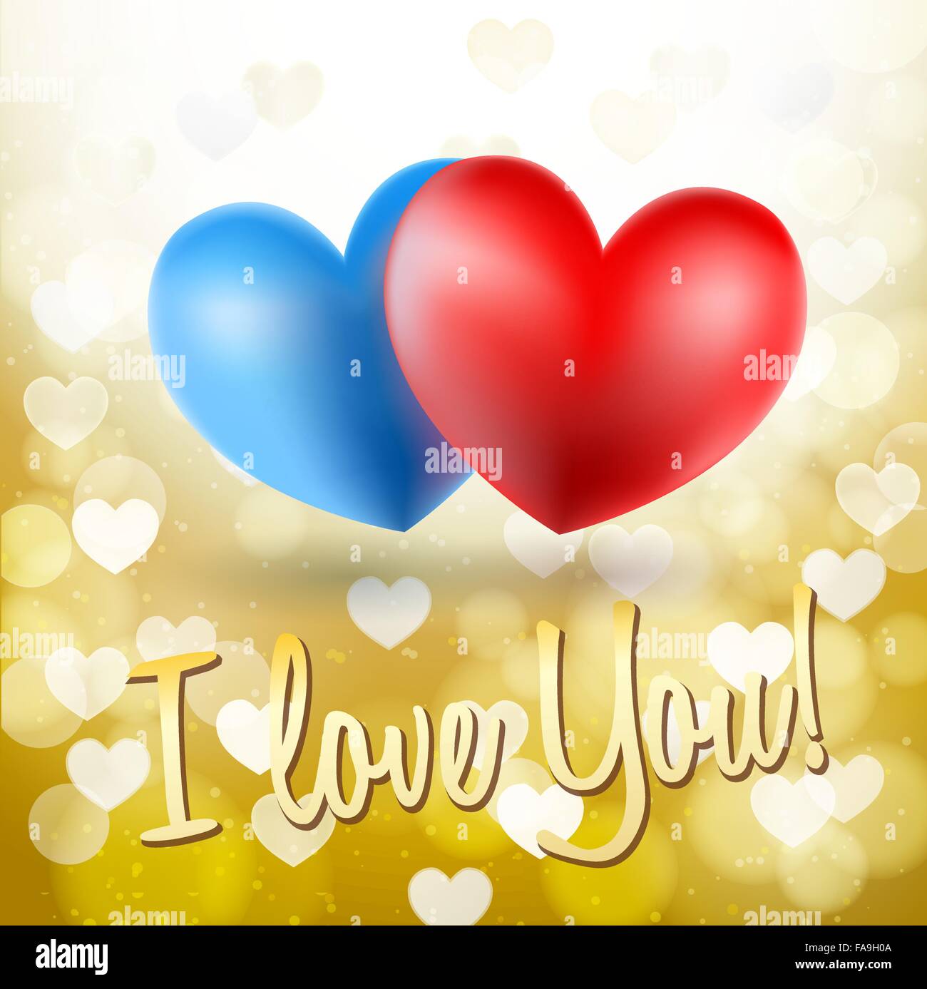 blue and red heart symbols on glittering golden background and i love ...
