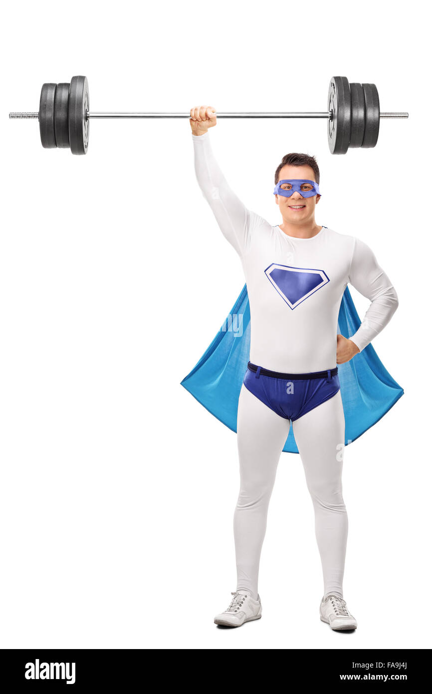 Full length portrait of a strong superhero lifting a heavy barbell with ...