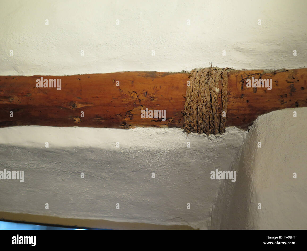 Old worm eaten wooden beam with esparto grass binding in Andalusian ...