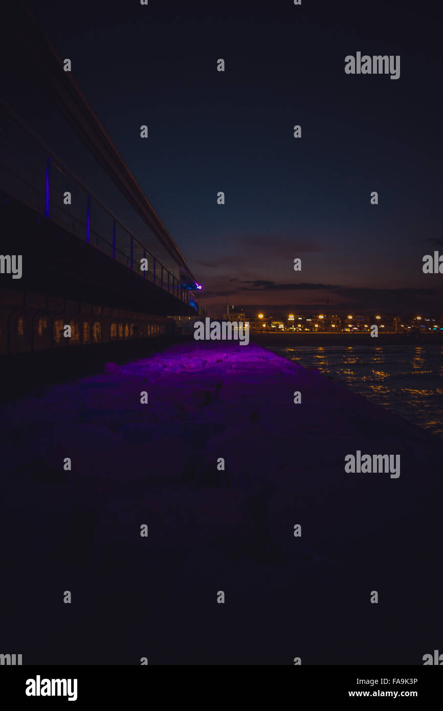 valencia beach at night, seen from the harbor, Spain Stock Photo - Alamy