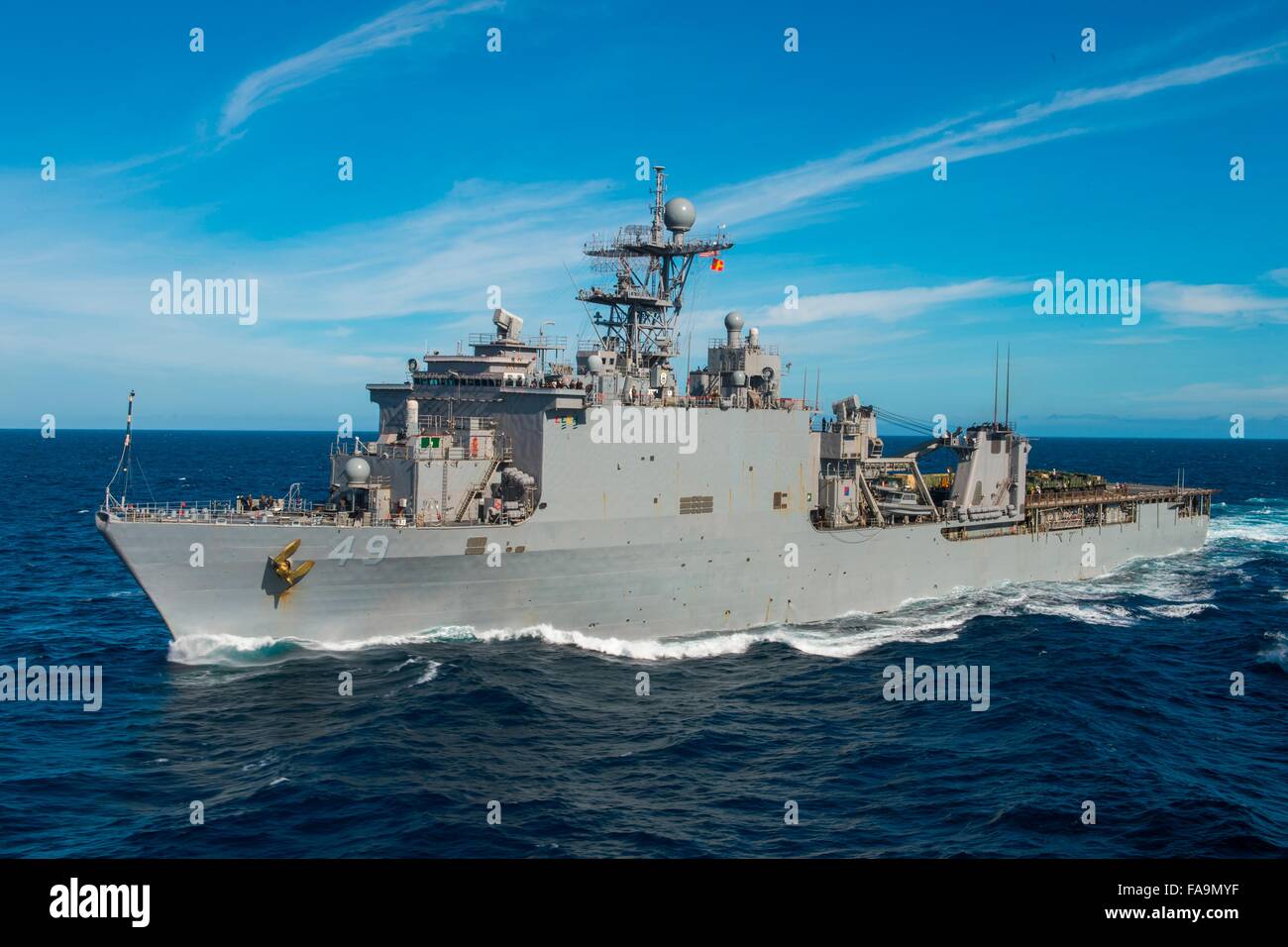 U.S. Navy amphibious dock landing ship USS Harpers Ferry underway in ...