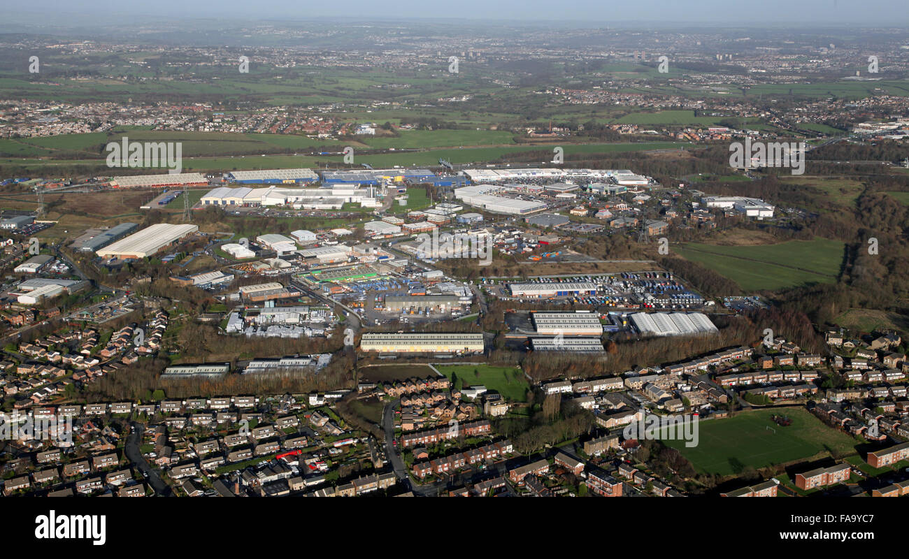 aerial view of Birstall Shopping Park, Junction 27, M62, West Yorkshire ...
