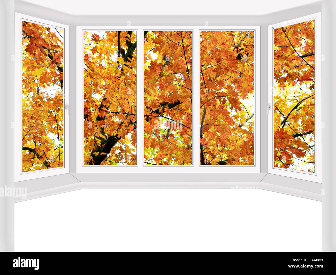 window overlooking the autumn park with yellow trees isolated on white ...