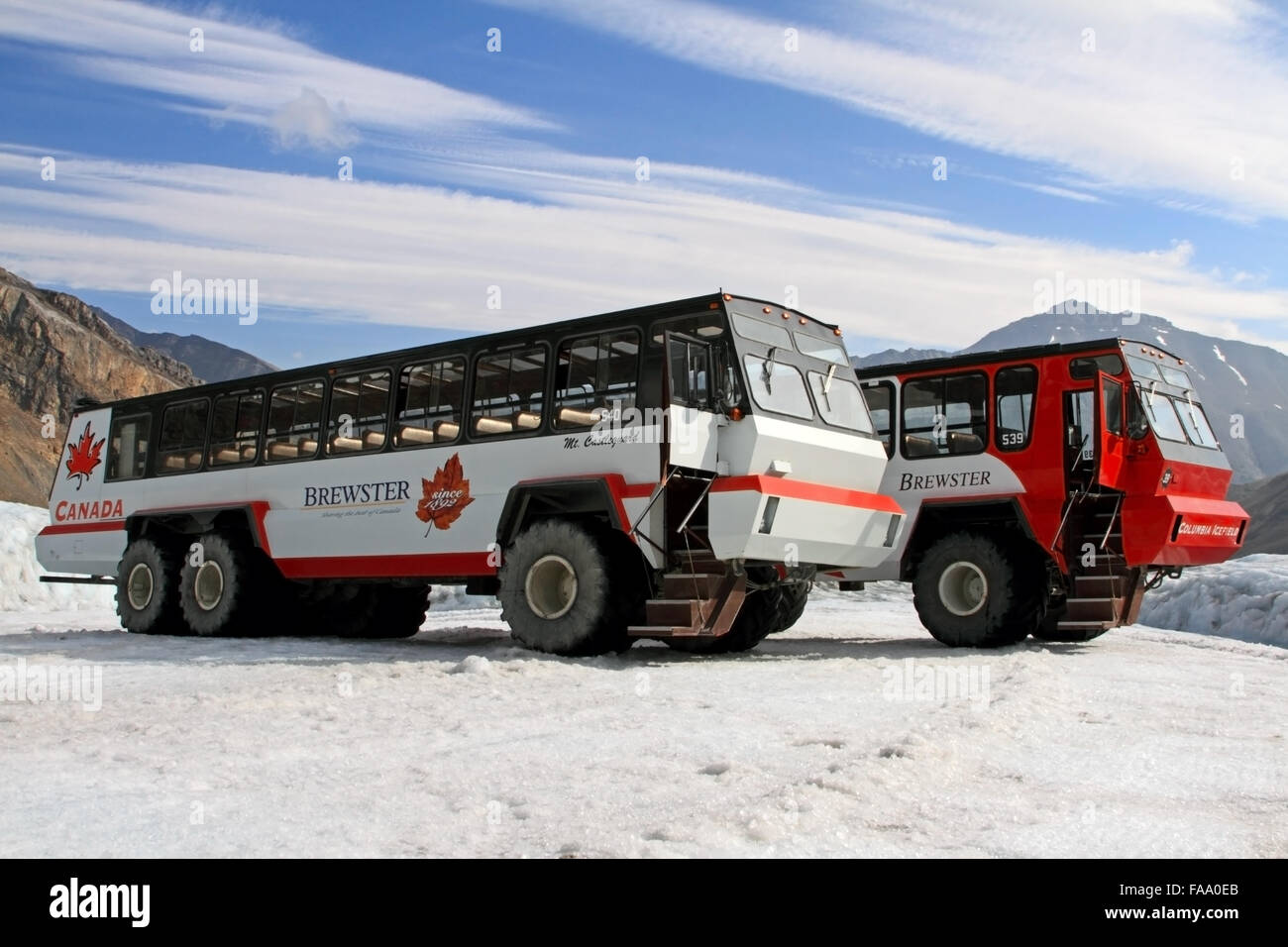 Snow coaches on the Athabasca Glacier, Columbia Icefield, British ...