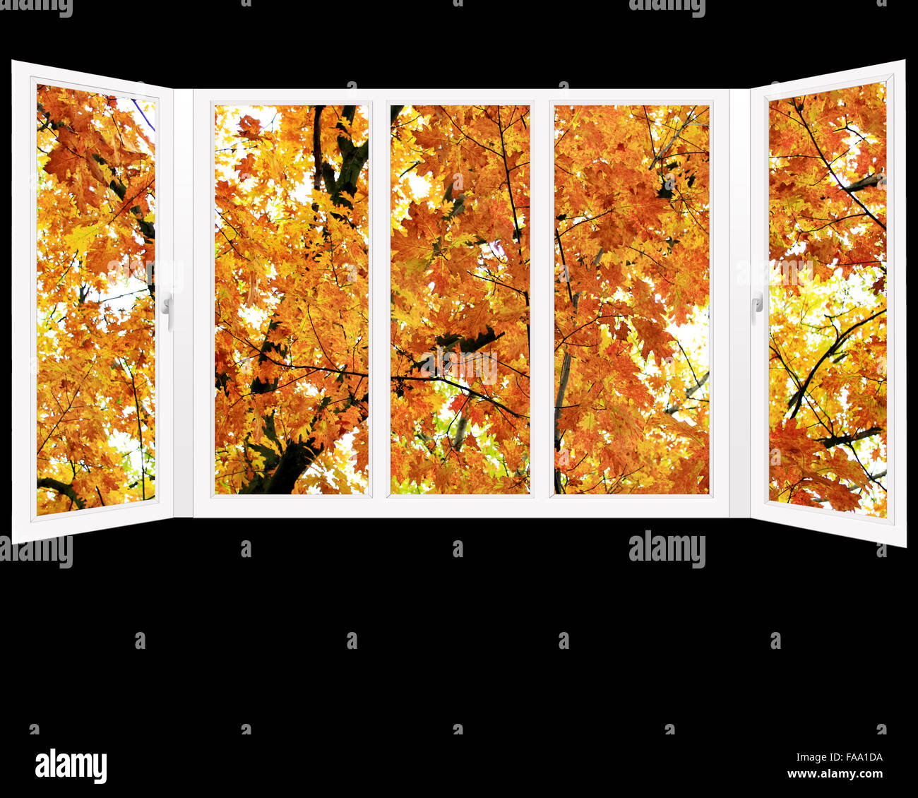window overlooking the autumn park with yellow trees isolated on black ...