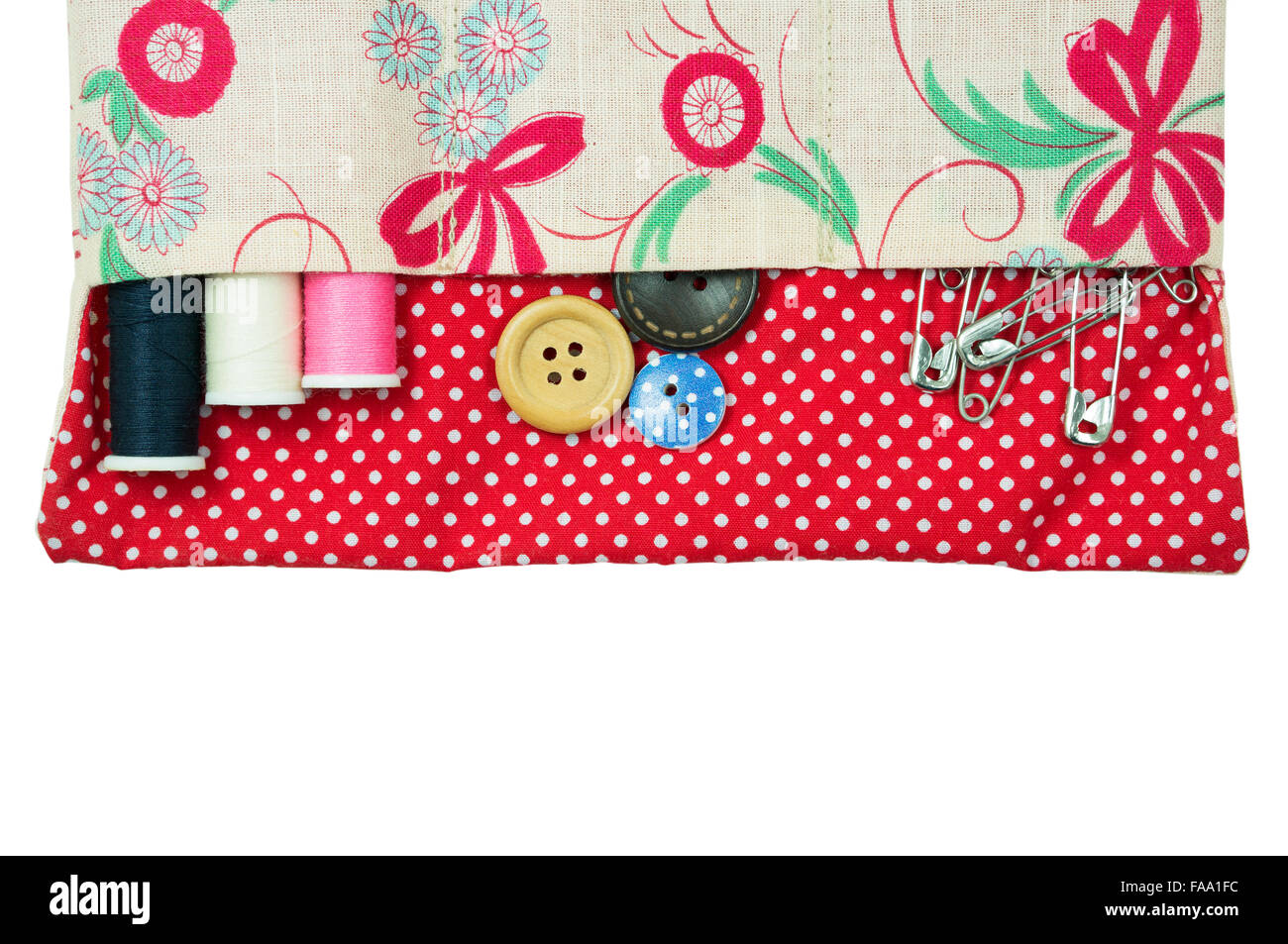 Thread and button in sewing kit bag isolated on white background Stock ...