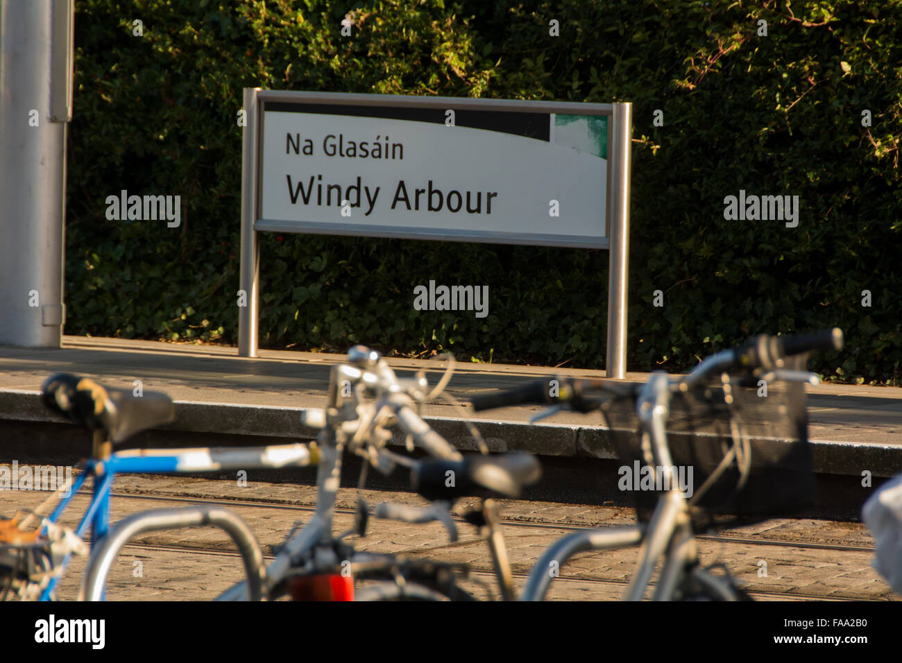 The Windy Arbour LRT station with the Irish language on the sign Stock ...