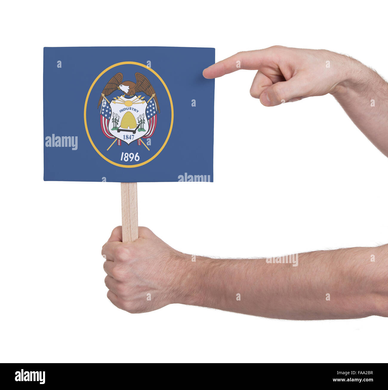 Hand holding small card, isolated on white - Flag of Utah Stock Photo ...