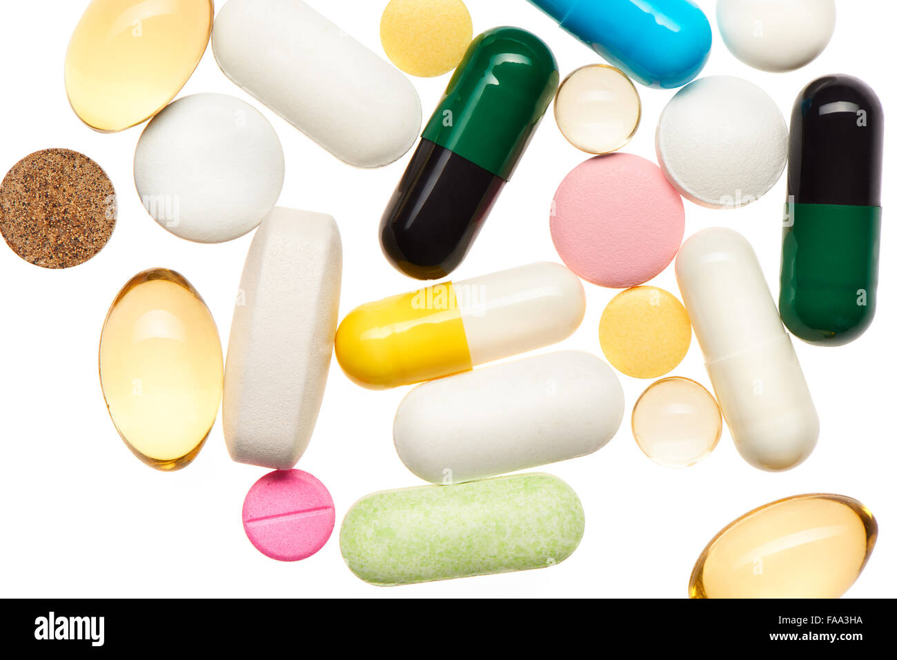 Different tablets and capsules isolated on white background Stock Photo ...