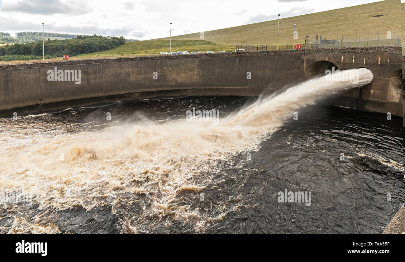 Discharge from dam, Kielder reservoir, Northumberland, England, UK ...