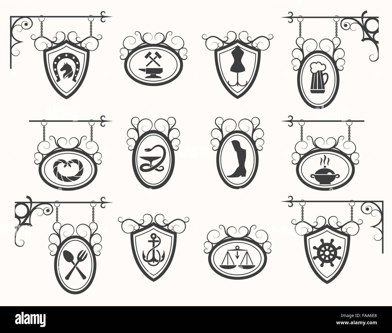 Black vintage street forged signboards with symbols of tavern, pub ...