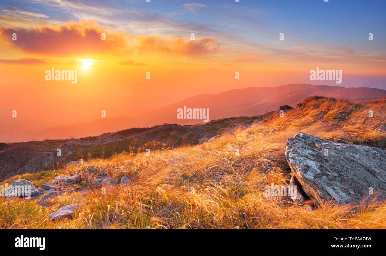 The sunset in Bieszczady Mountains, Poland Stock Photo - Alamy