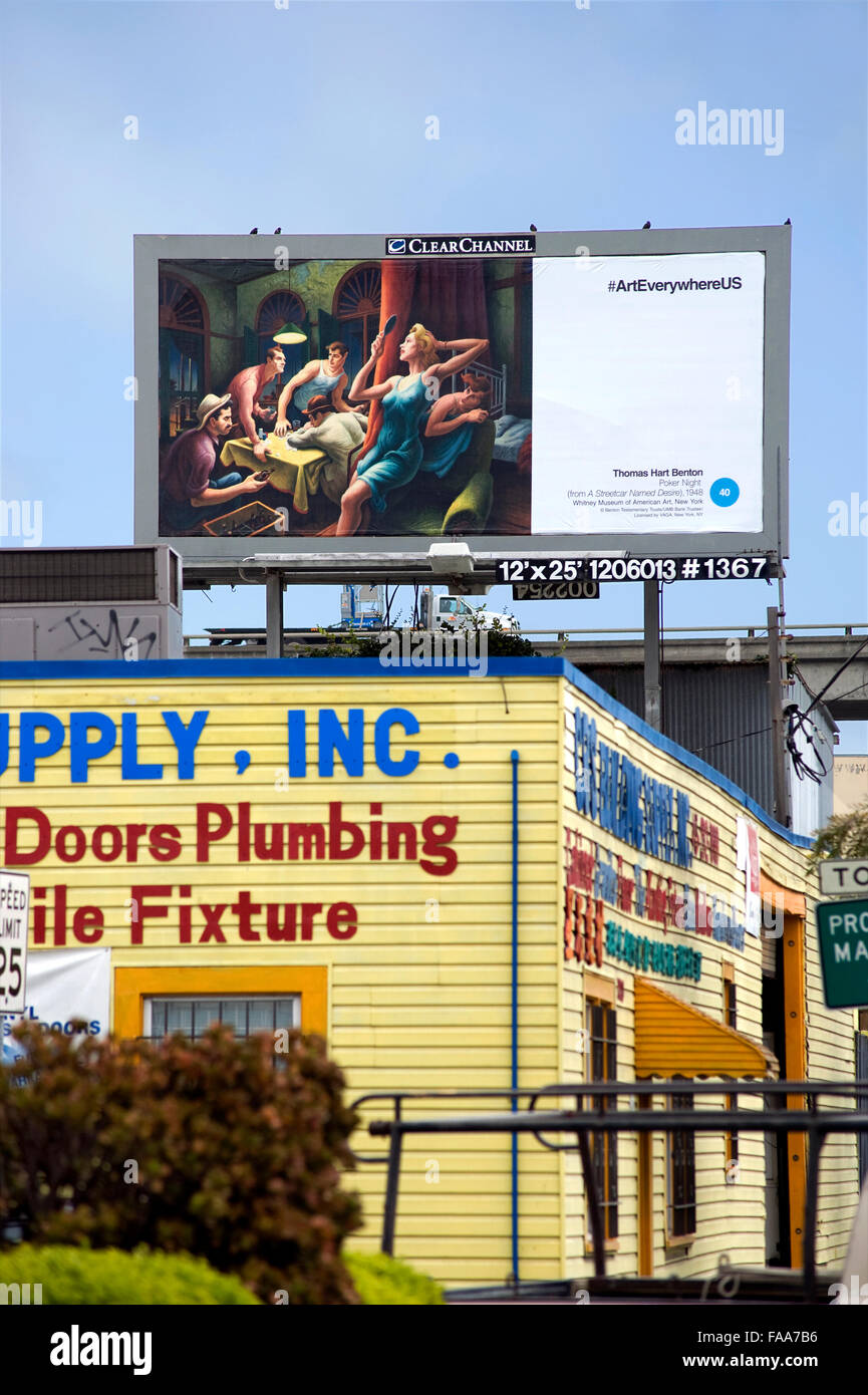 A Thomas Hart Benton painting is reproduced on an outdoor advertising ...