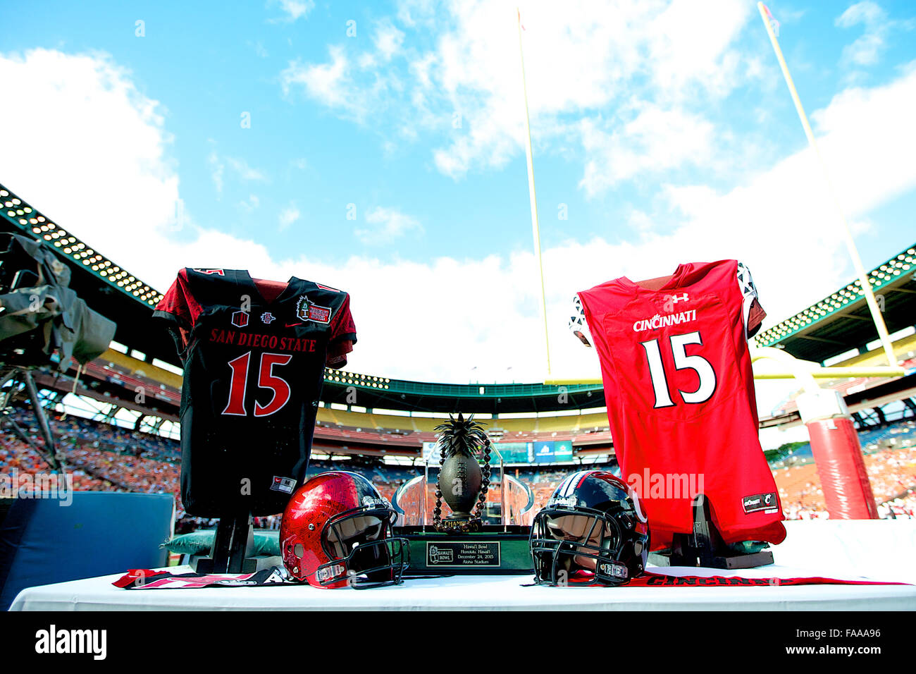 Honolulu, HI, USA. 24th Dec, 2015. The Hawaii Bowl trophy on display ...