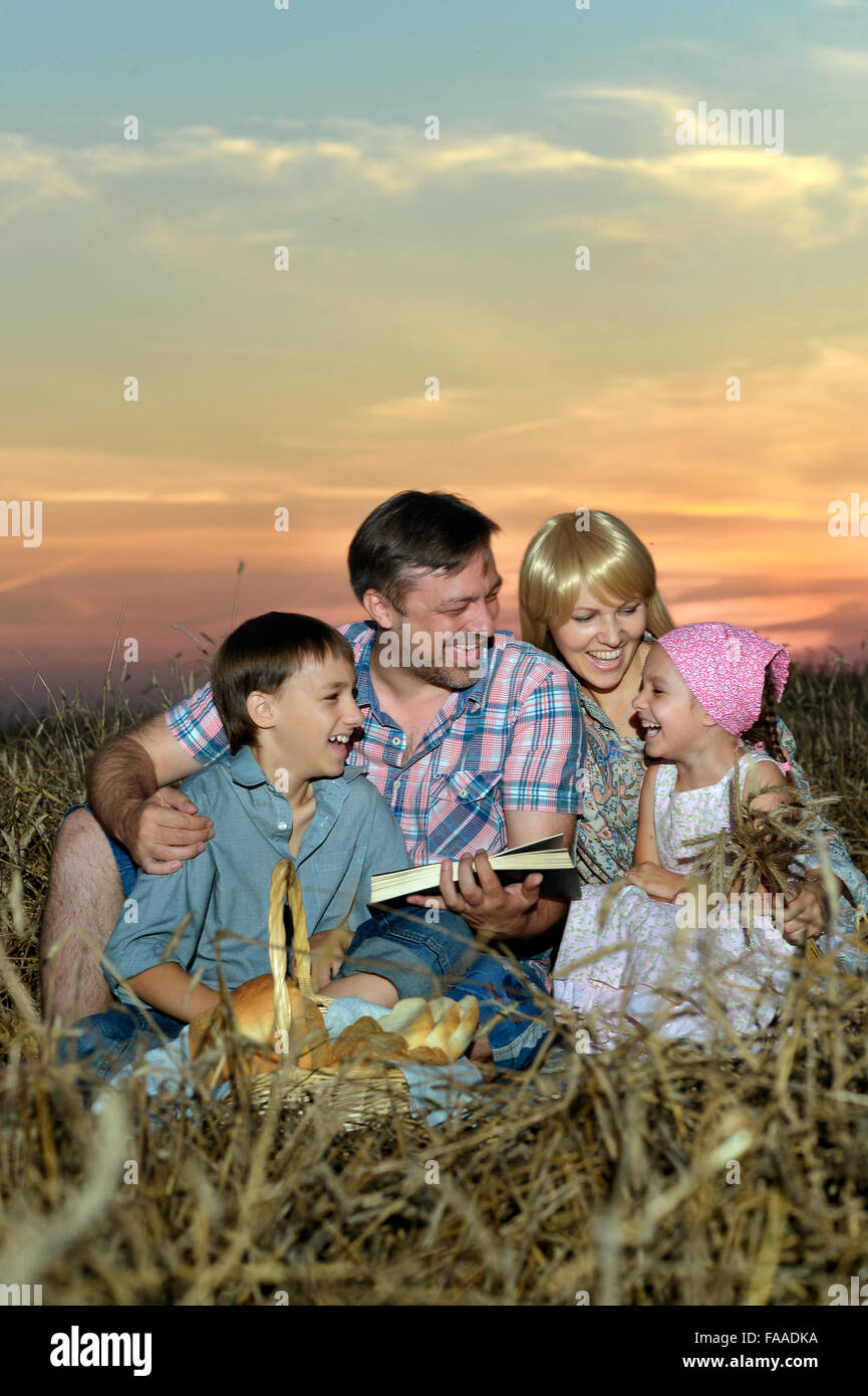 Family reading book in field Stock Photo - Alamy
