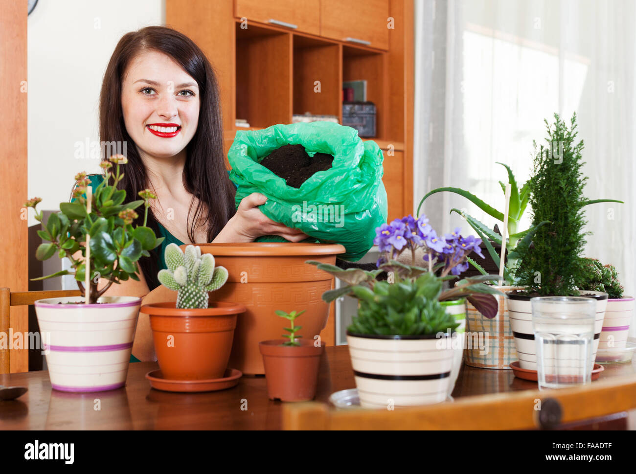 Happy woman transplanting potted flowers at her home Stock Photo - Alamy
