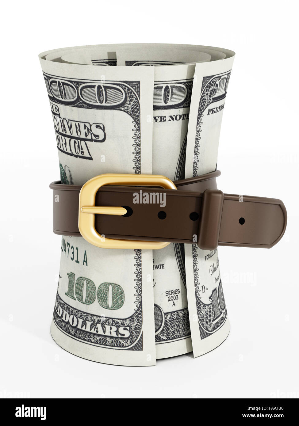Tight belt around 100 dollar money bills isolated on white background ...
