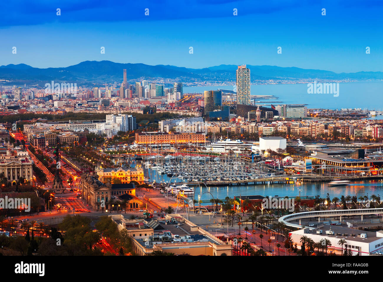 Port Vell during sunset from Montjuic. Barcelona Stock Photo - Alamy