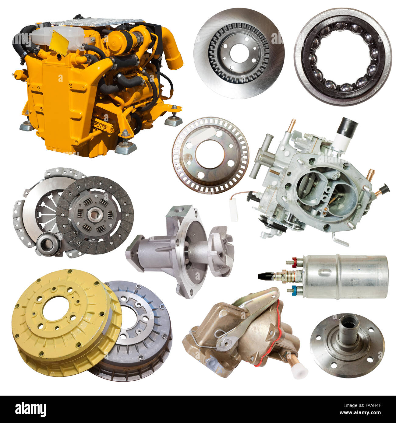 motor and few automotive parts. Isolated over white Stock Photo - Alamy