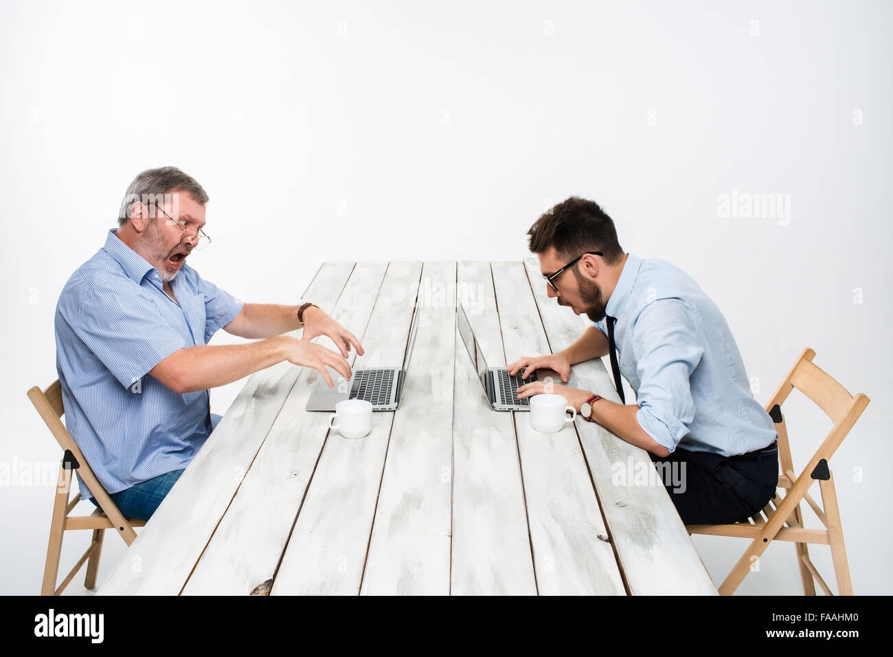 The two colleagues working together at office on white background Stock ...
