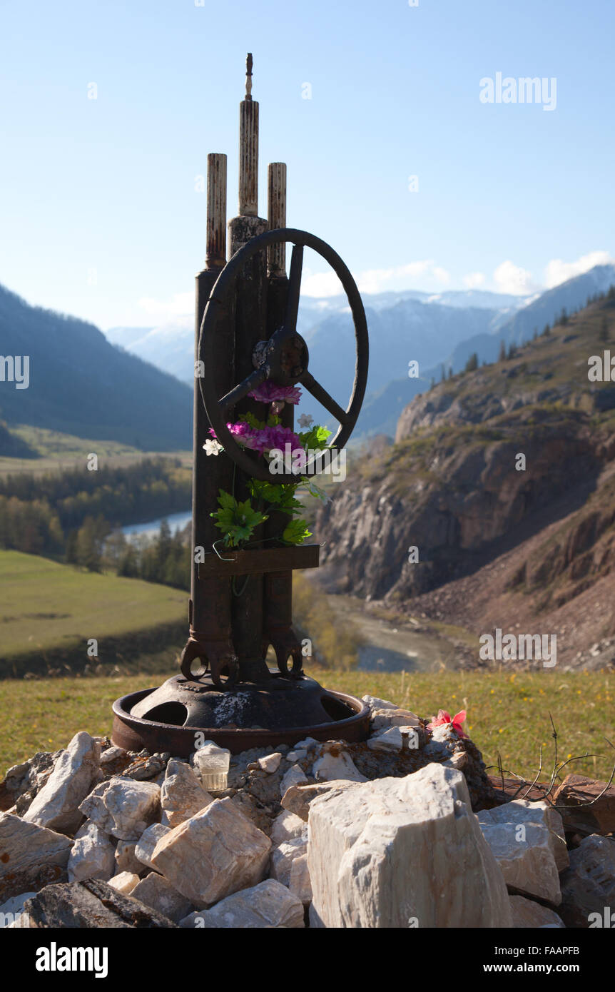 roadside monument in the form of the steering wheel. the site of ...