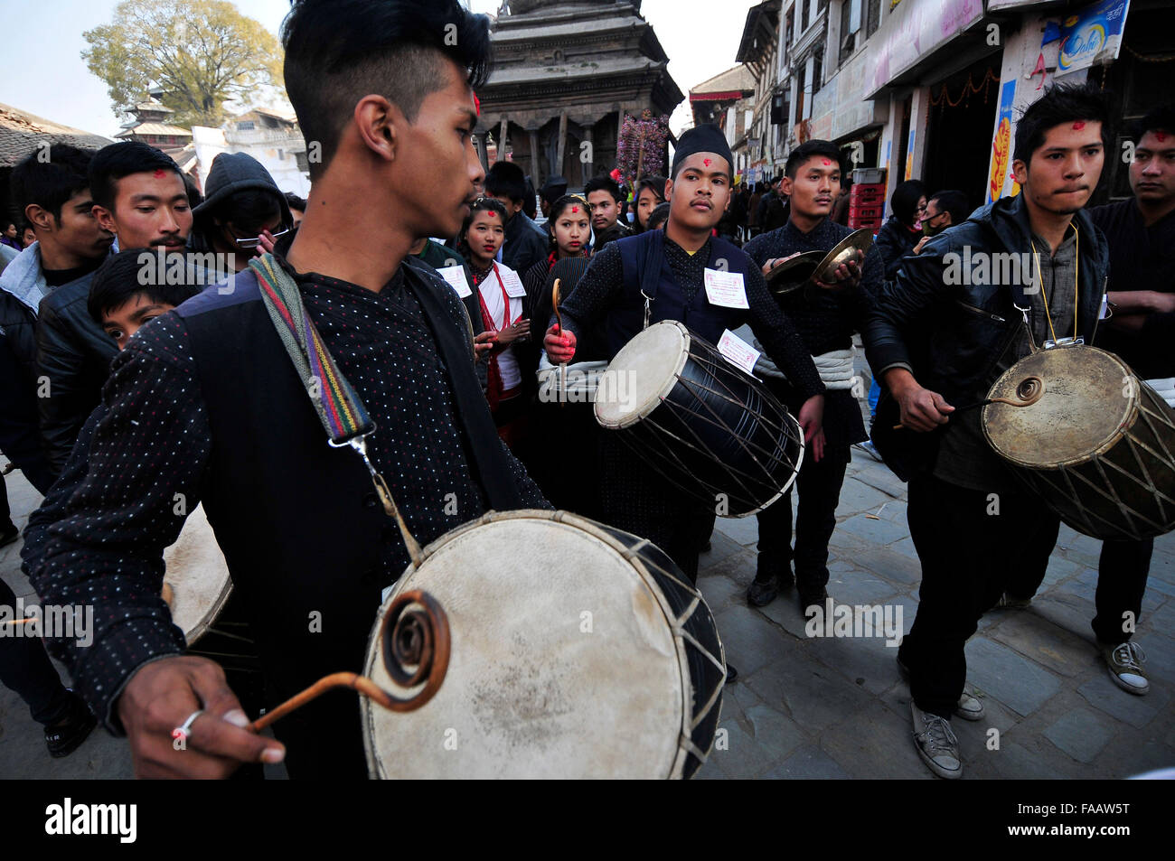 Kathmandu, Nepal. 25th Dec, 2015. People from Newar community play ...