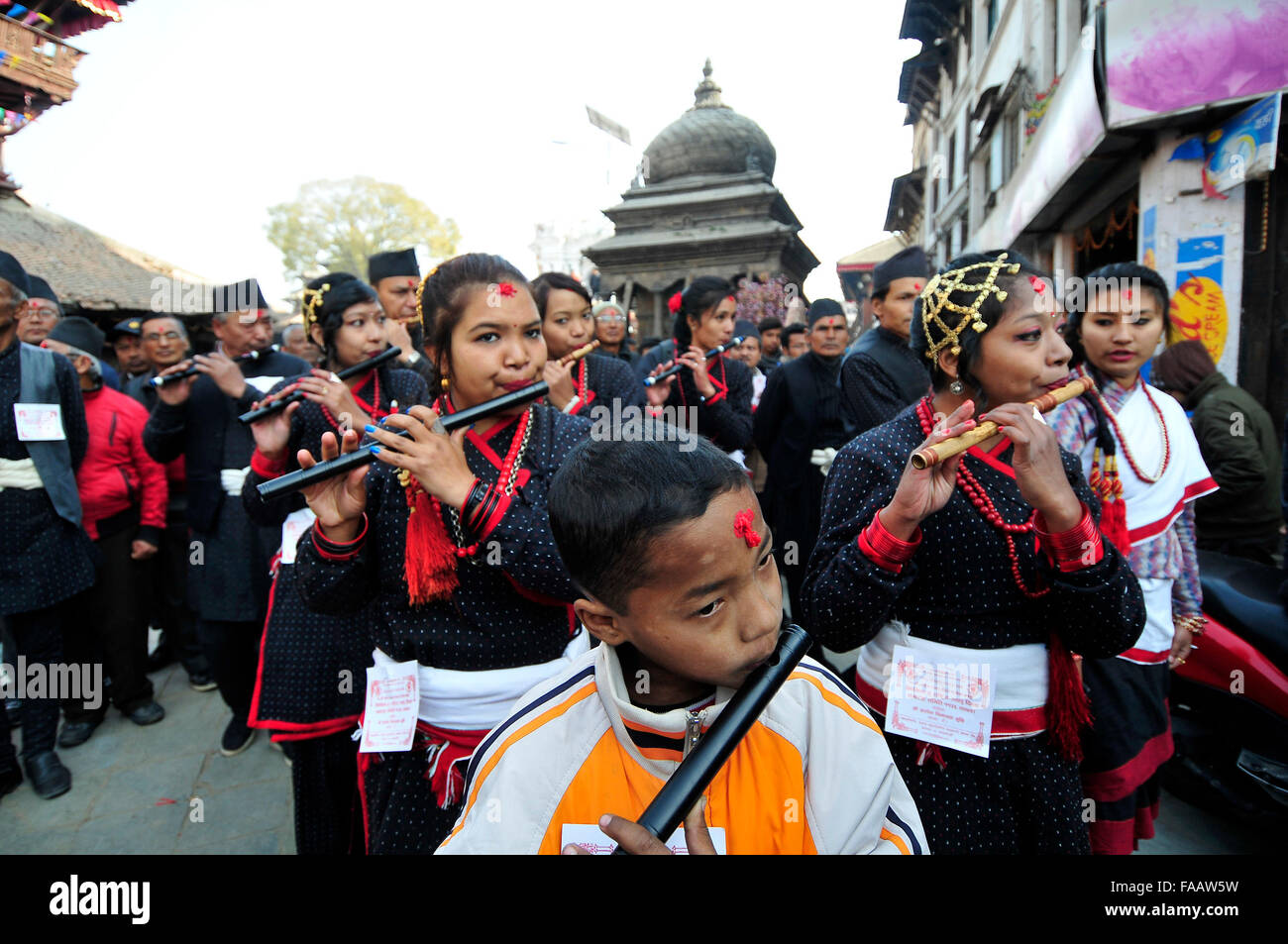 Kathmandu, Nepal. 25th Dec, 2015. People from Newar community play ...