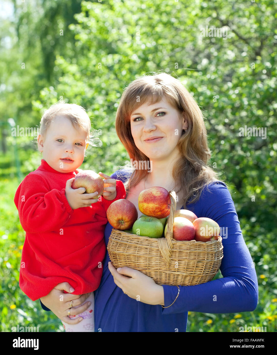 Happy family with apple harvest in orchard Stock Photo - Alamy