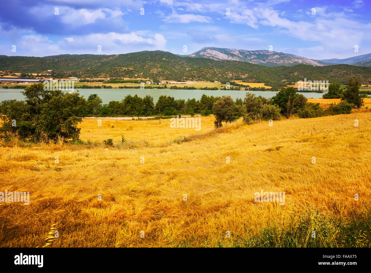 Fields at river valley. atalonia Stock Photo - Alamy